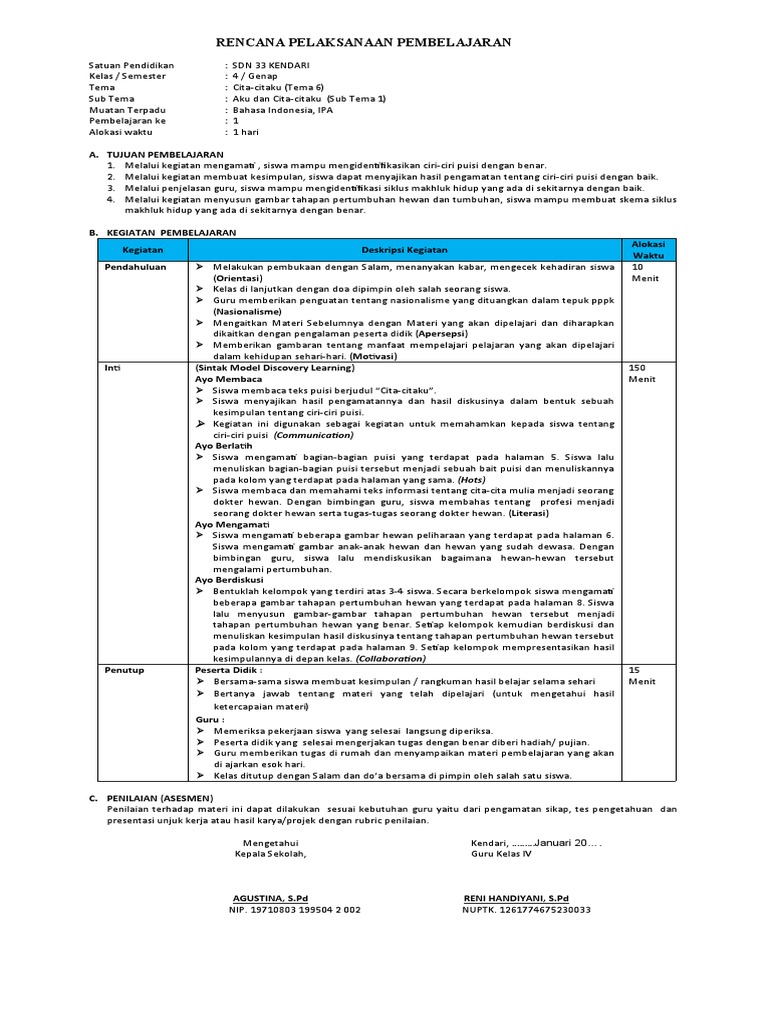 RPP Tema 6 Sub Tema 1 Kelas 4 2022 | PDF