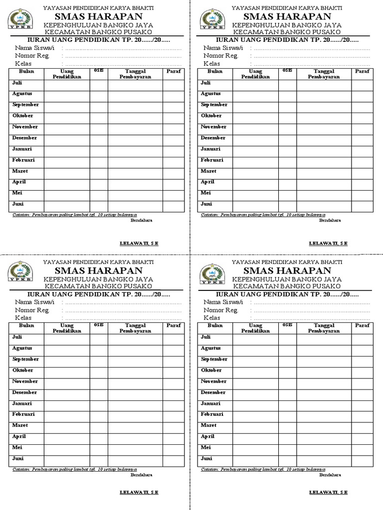 Form Pembayaran Iuran Pendidikan SMAS Harapan | PDF