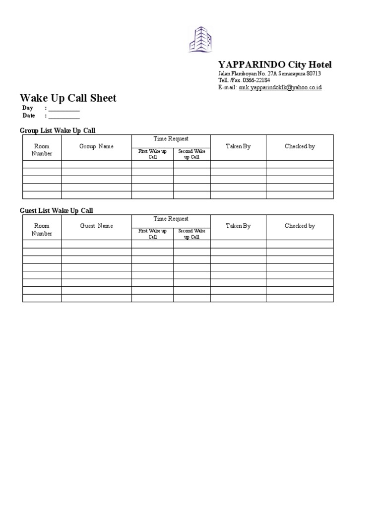 Hotel Wake Up Call Request Form | PDF