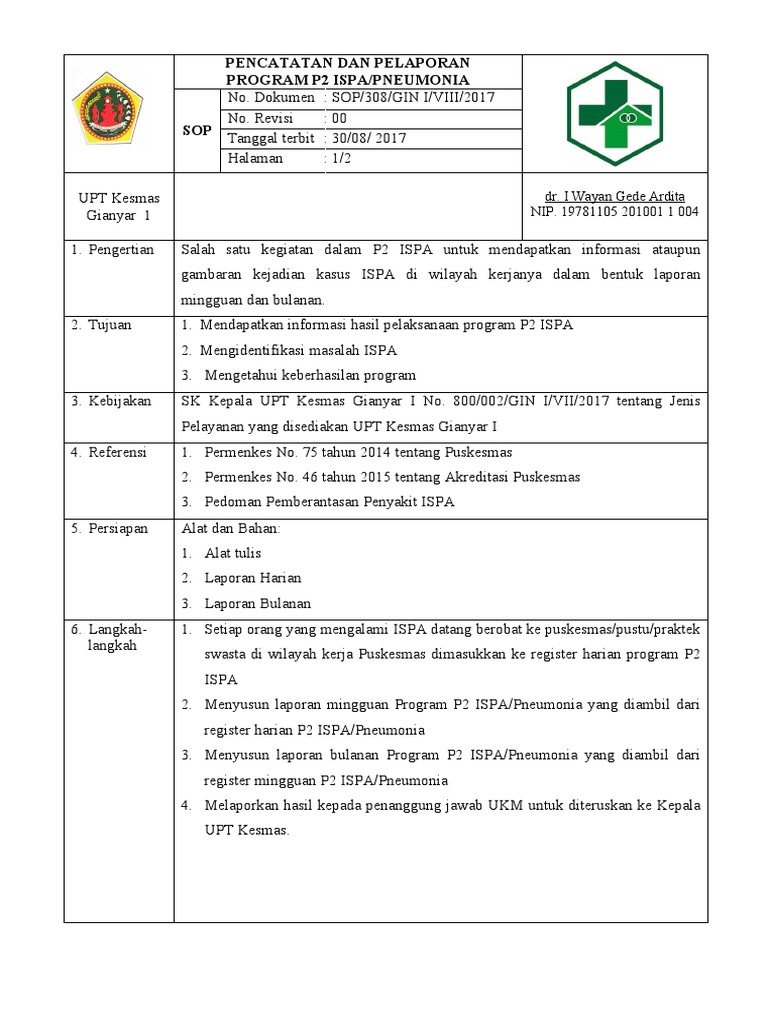Sop 308 Pencatatan Dan Pelaporan Program p2 Ispa Atau Pneumonia | PDF
