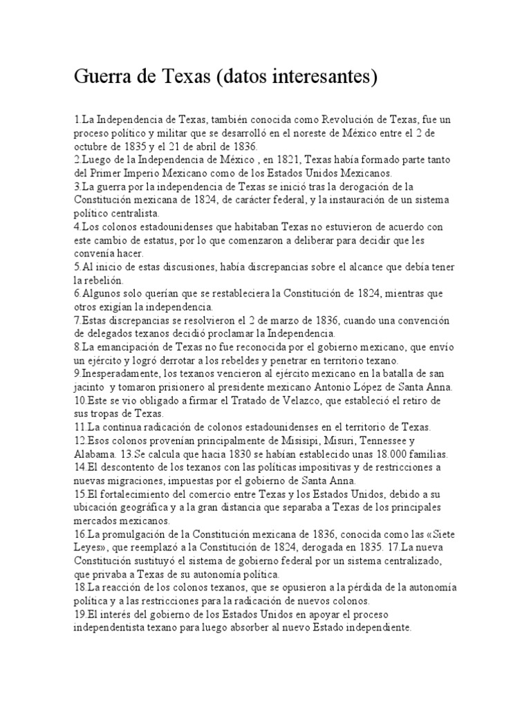 Guerra de Texas: Causas y Consecuencias | PDF | Revolución de Texas | Texas
