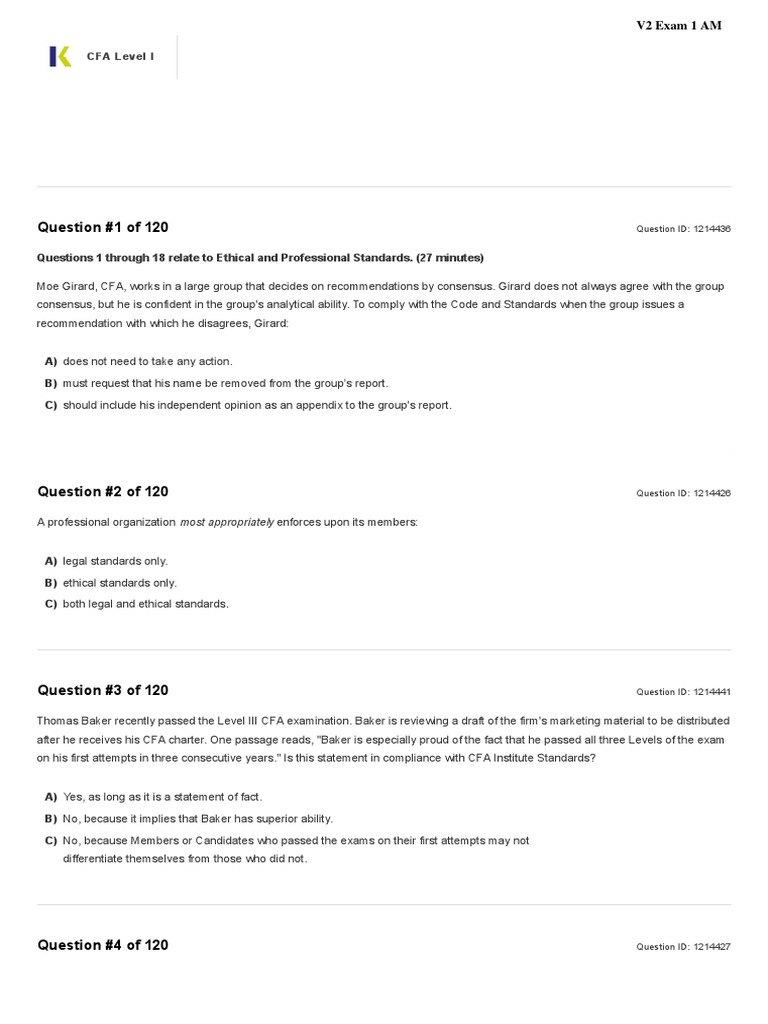 CFA Level I Practice Exam Questions on Ethical and Professional ...