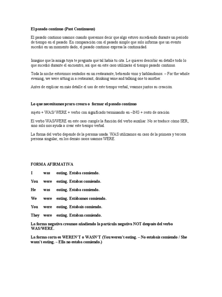 El Pasado Continuo | Descargar gratis PDF | Verbo | Conjugación gramatical