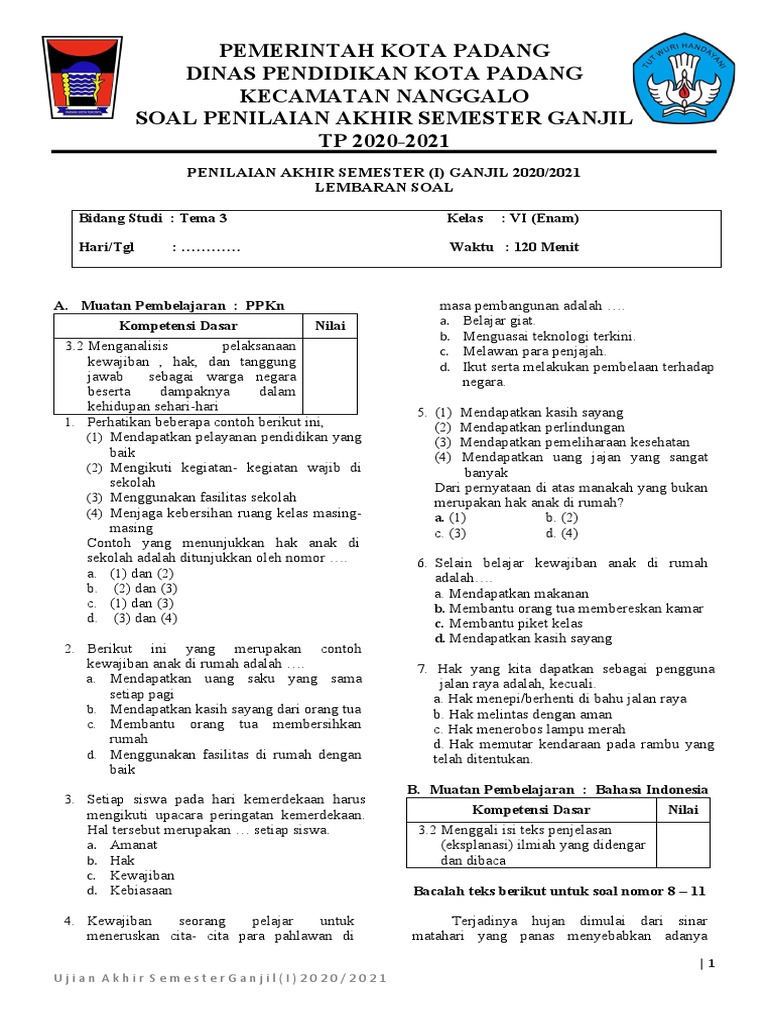 Soal Pas Semester 1 Tema 3 2020-2021 | PDF