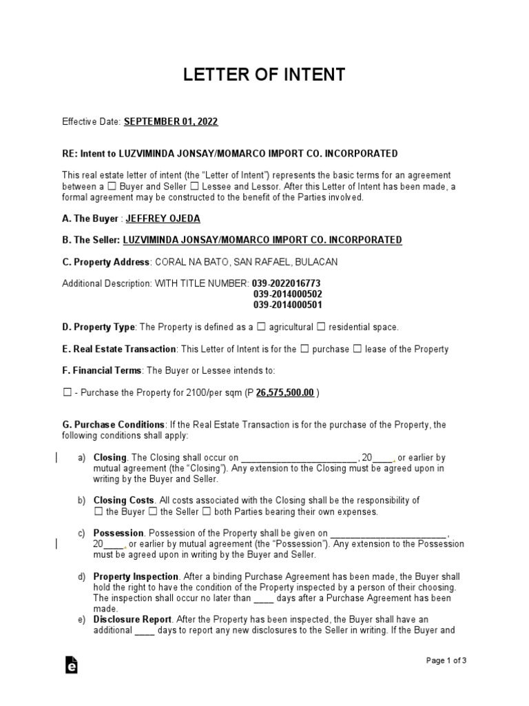 Real Estate Letter of Intent | PDF | Lease | Sales