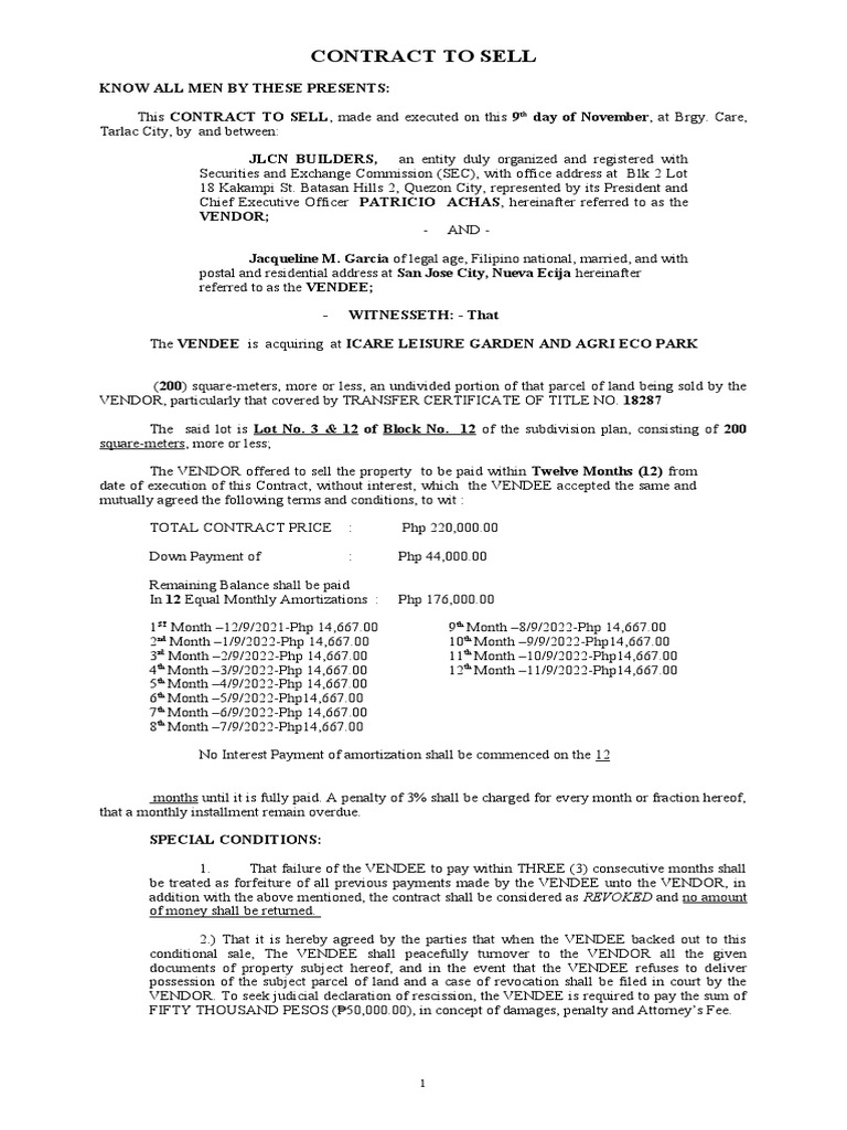 Terms and Conditions of the Contract to Sell Between JLCN Builders and ...