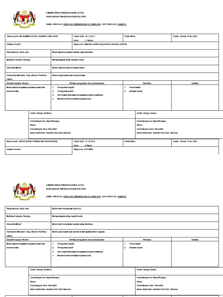 RPI ADHD, Autisme, Intelektual SK Ulu Melaka | PDF