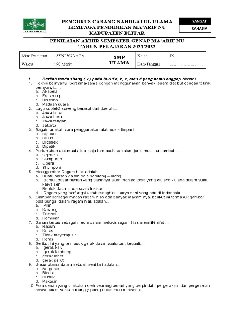 Soal Utama Pas Genap Seni Budaya Ix | PDF