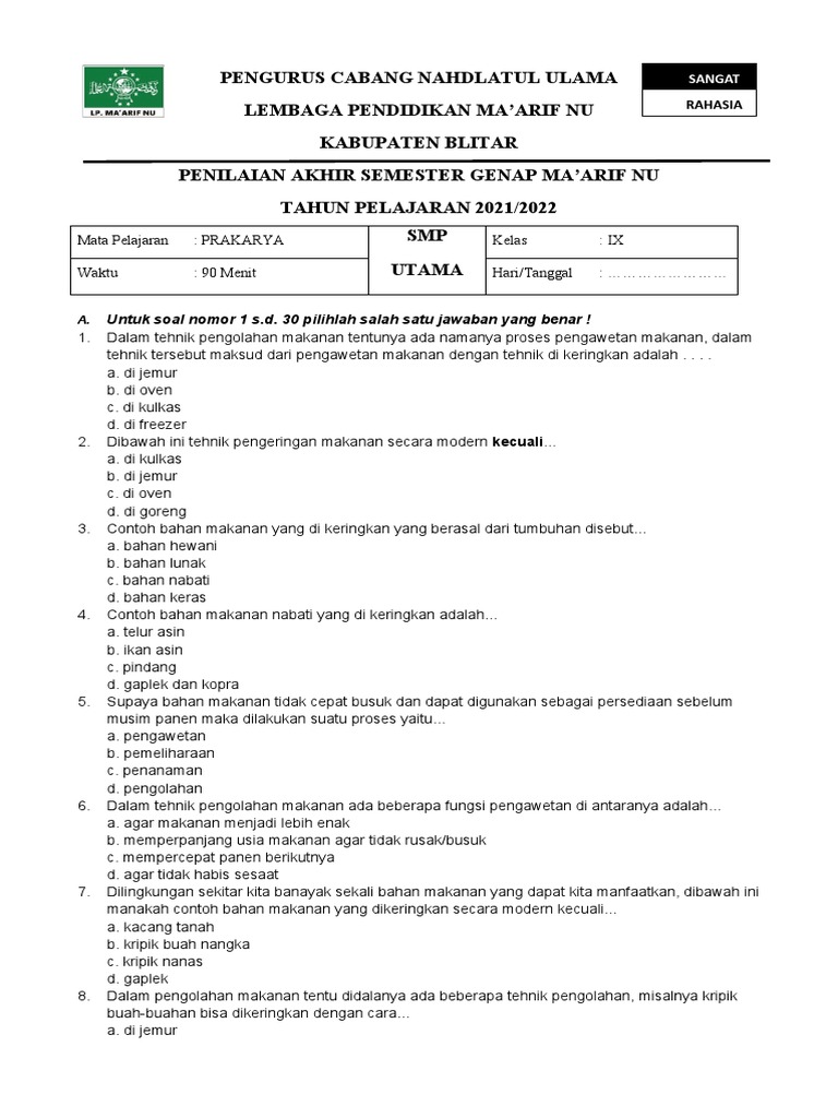 Soal Utama Pas Genap Prakarya Ix | PDF