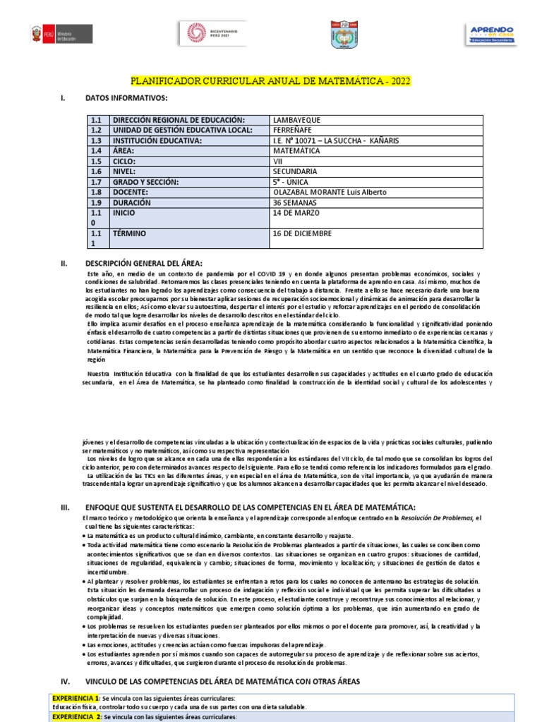 Plan Anual De Matemática 2022 5° Pdf Evaluación Ecuaciones 3524