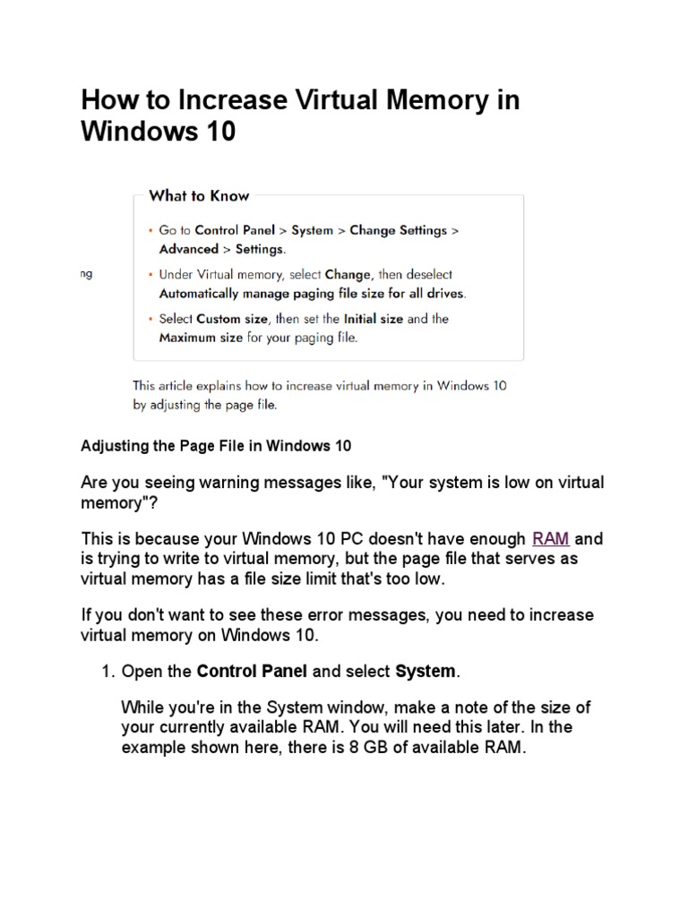 How To Increase Virtual Memory in Windows 10 | PDF