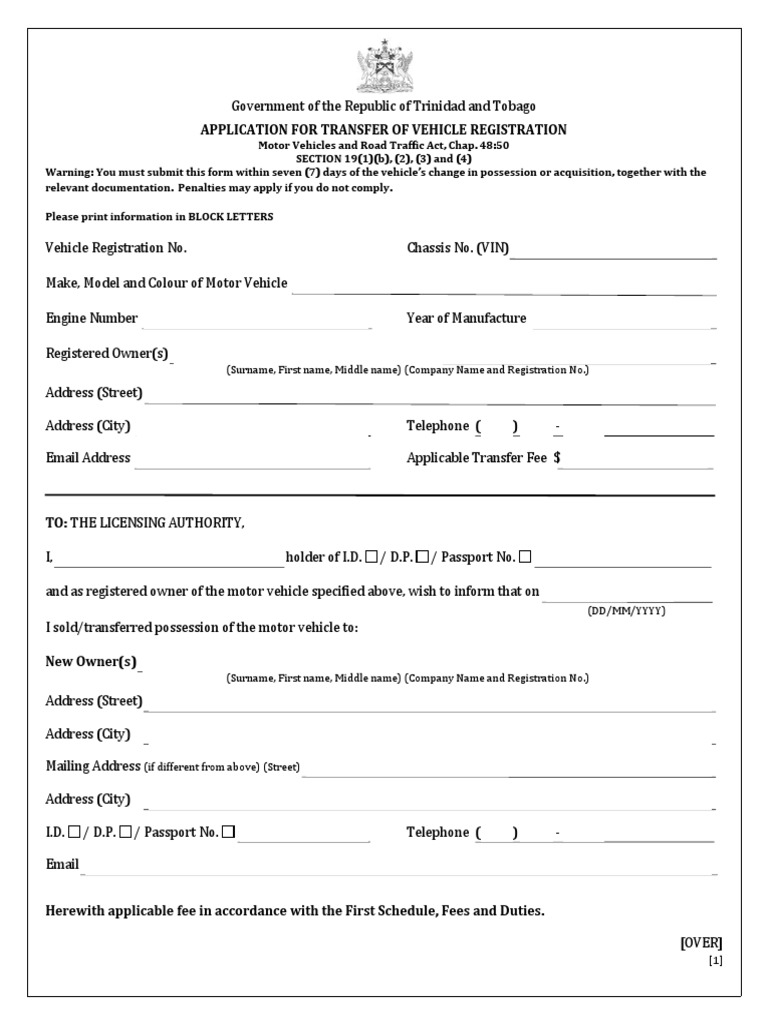 Application For Transfer of Vehicle Registration | PDF