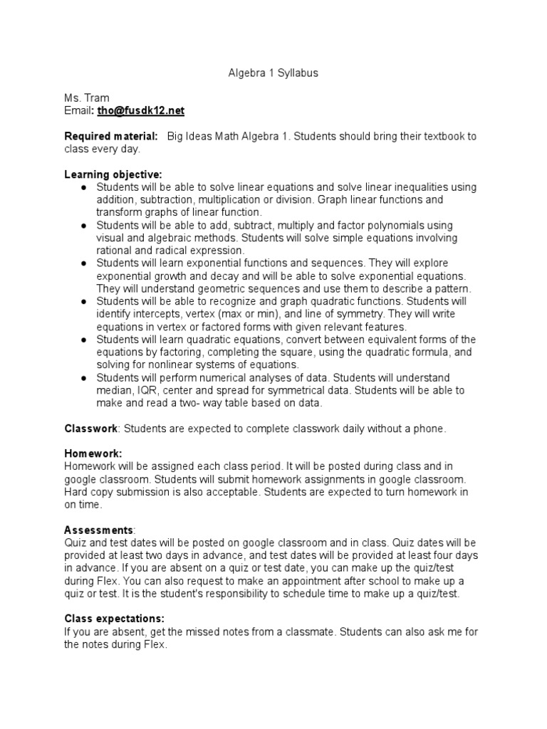 Algebra 1 Syllabus | PDF | Equations | Quadratic Equation