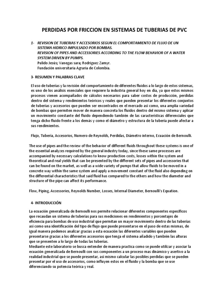 Perdidas Por Friccion en Sistemas de Tuberias de PVC | PDF