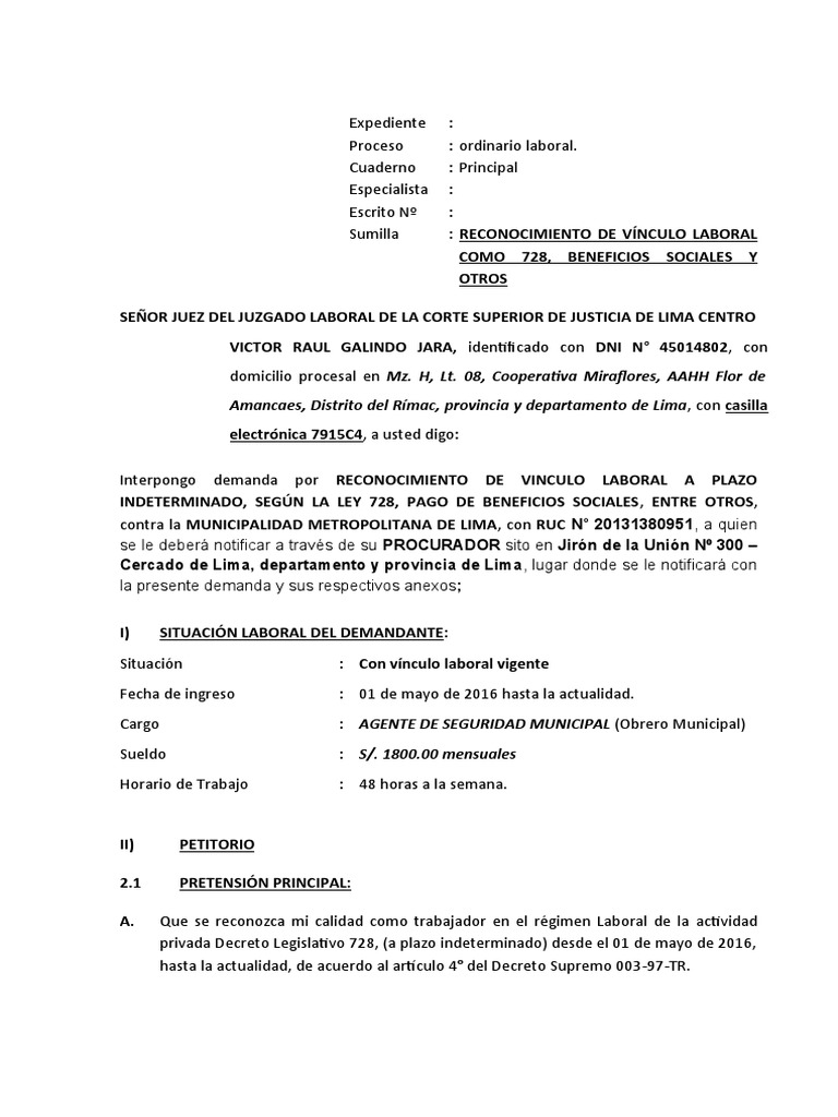 Demanda de Beneficios Sociales de Victor | PDF | Derecho laboral | Caso de ley
