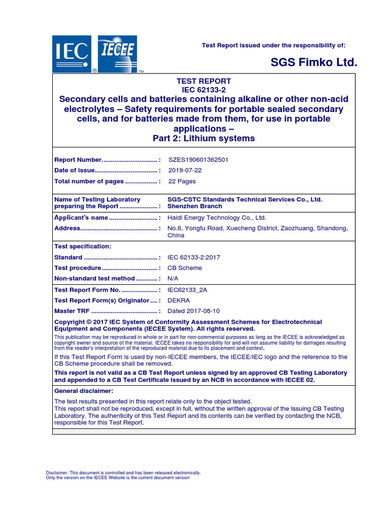 IEC62133 Test Report 18650 3 2V1800mAh Cell | PDF | Insulator ...