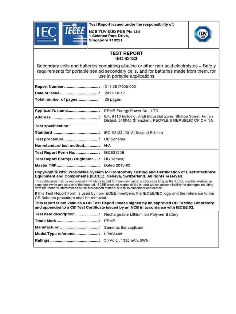 IEC62133 Report LP803448 PCM NTC LD | PDF | Rechargeable Battery | Battery Charger