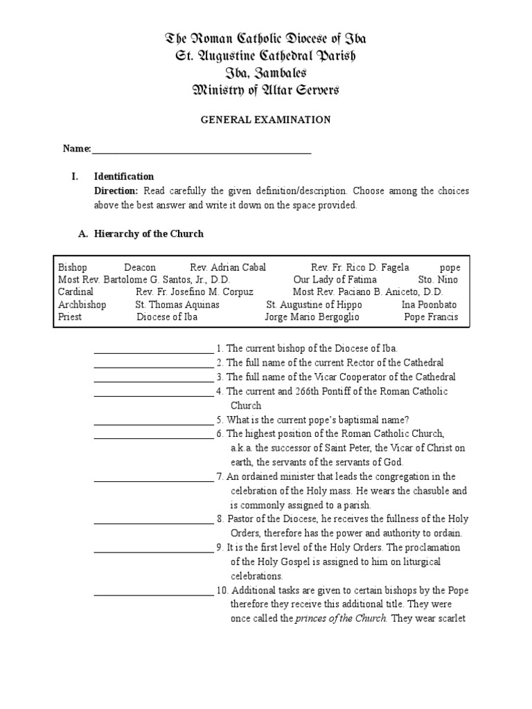 Examination For Altar Servers | PDF | Confirmation | Christian ...