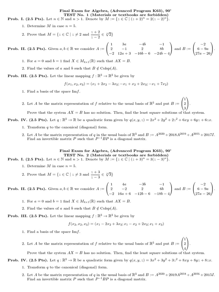 Algebra 2019 | PDF | Matrix (Mathematics) | Algebra