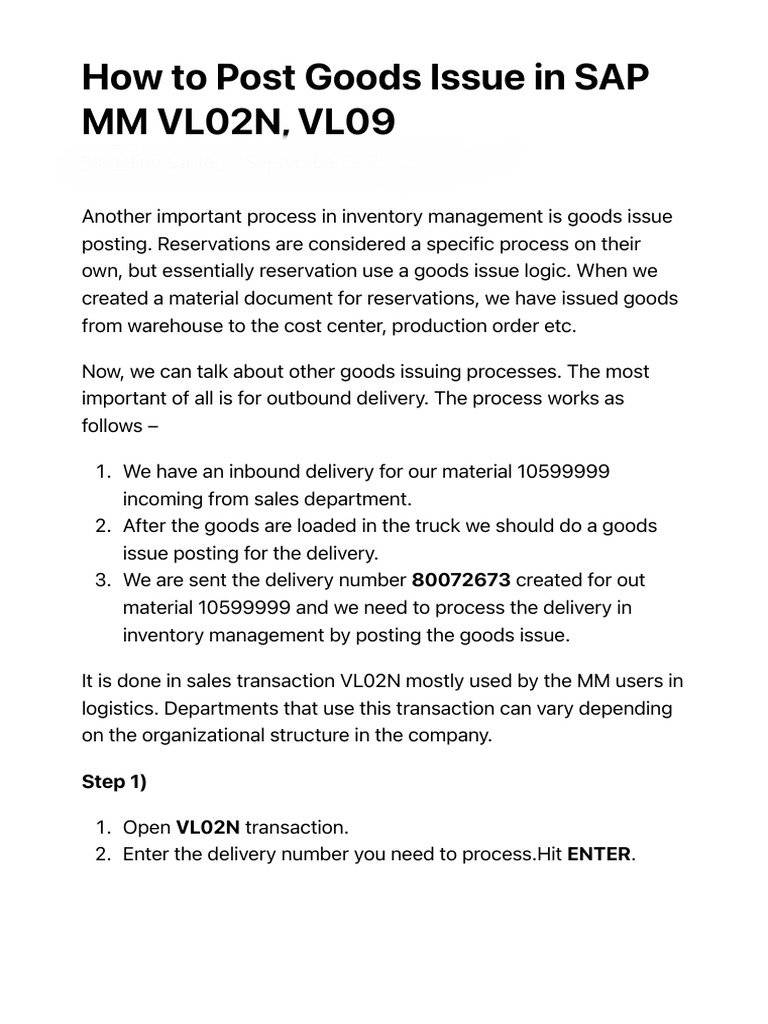 Post Goods Issue in SAP VL02N Guide | PDF | Logistics | Business ...