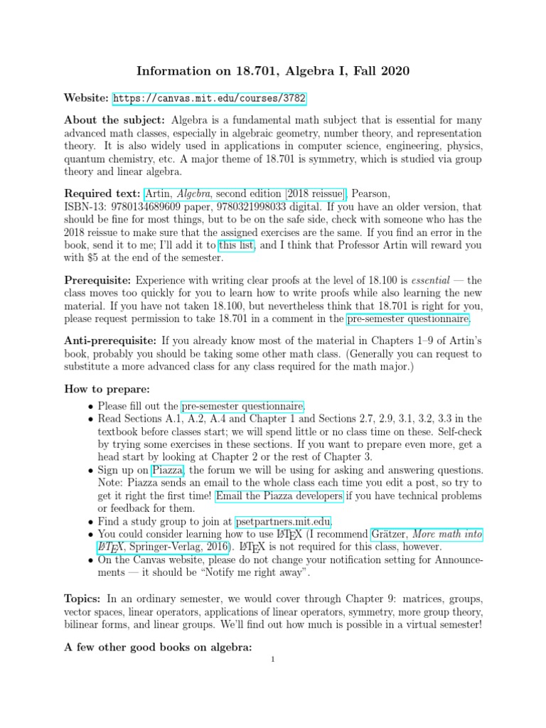 MIT 18-701 - Syllabus - Fall2020 | PDF | Mathematics | Abstract Algebra