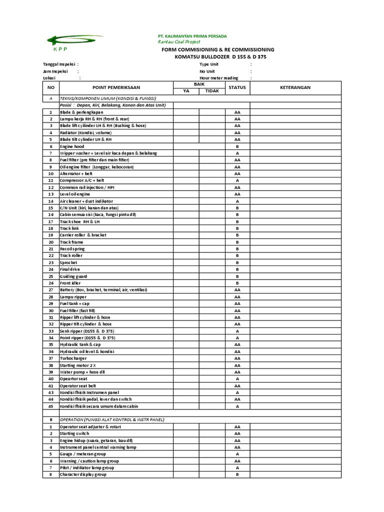 Form Pre Commisioning A2B (BD, PC, WA, GD) | PDF | Manufactured Goods | Equipment