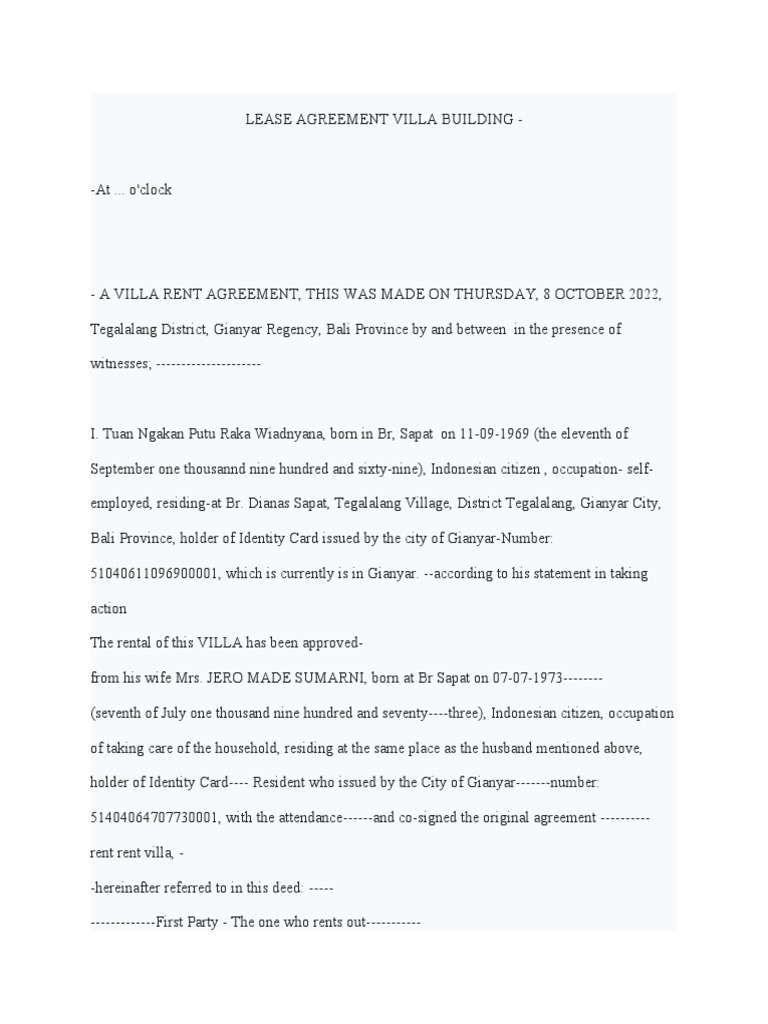 Lease Agreement Villa Building | PDF