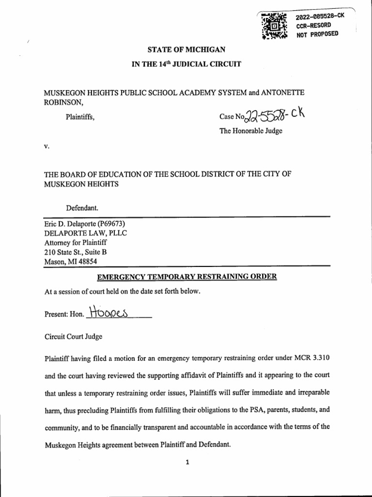 Muskegon Heights Public School Academy System's Restraining Order | PDF