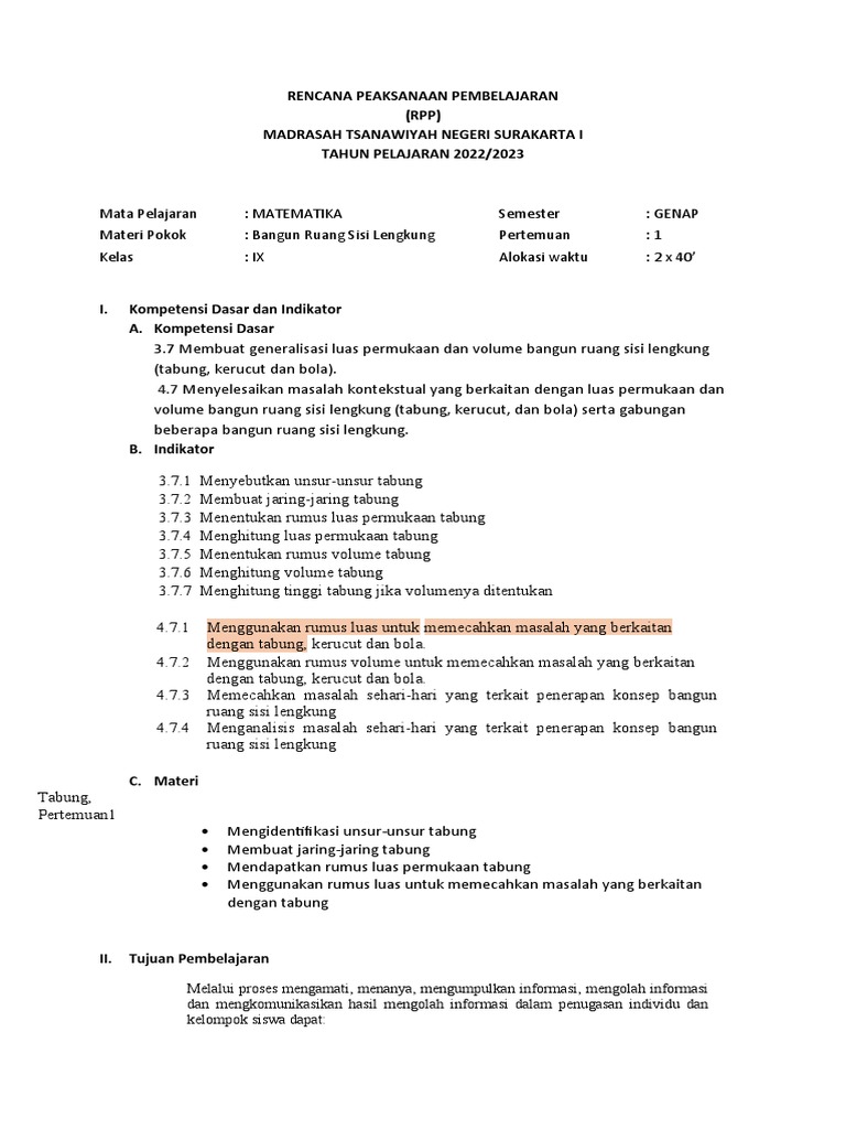 RPP Bangun Ruang Sisi Lengkung | PDF