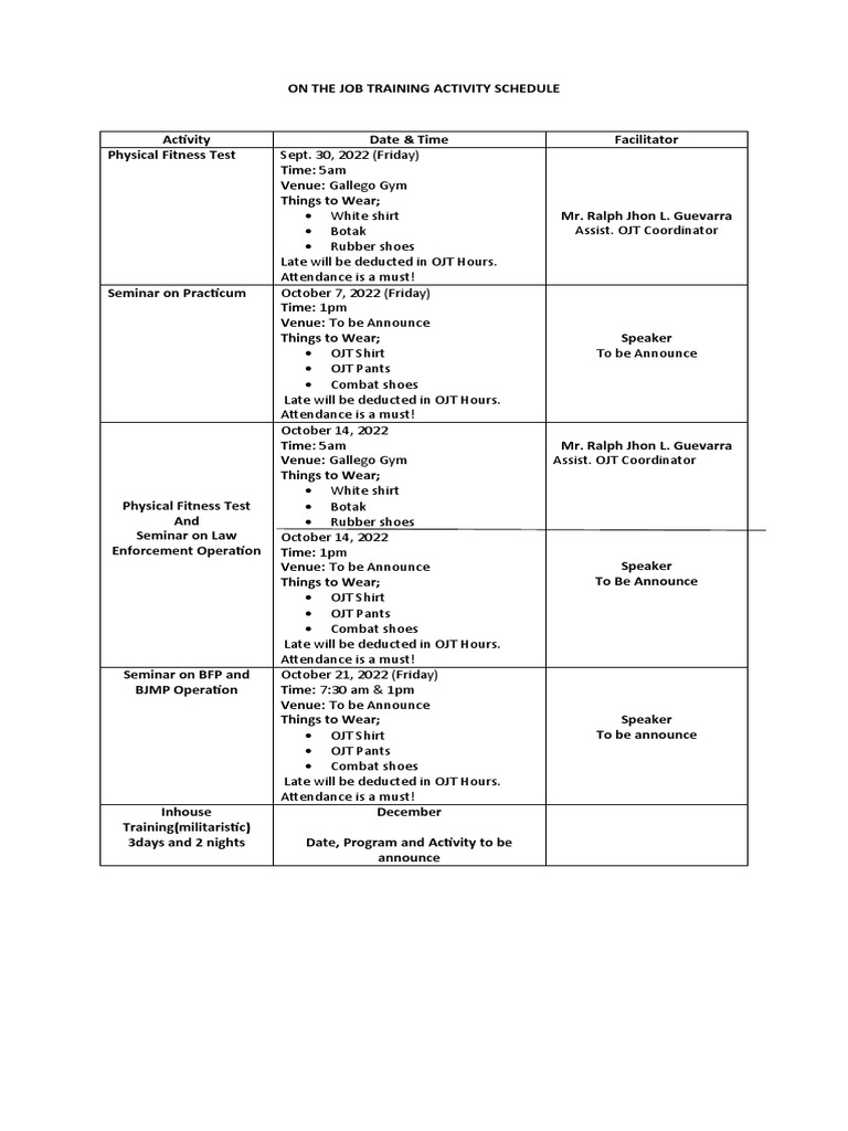 On The Job Training Activity Schedule | PDF
