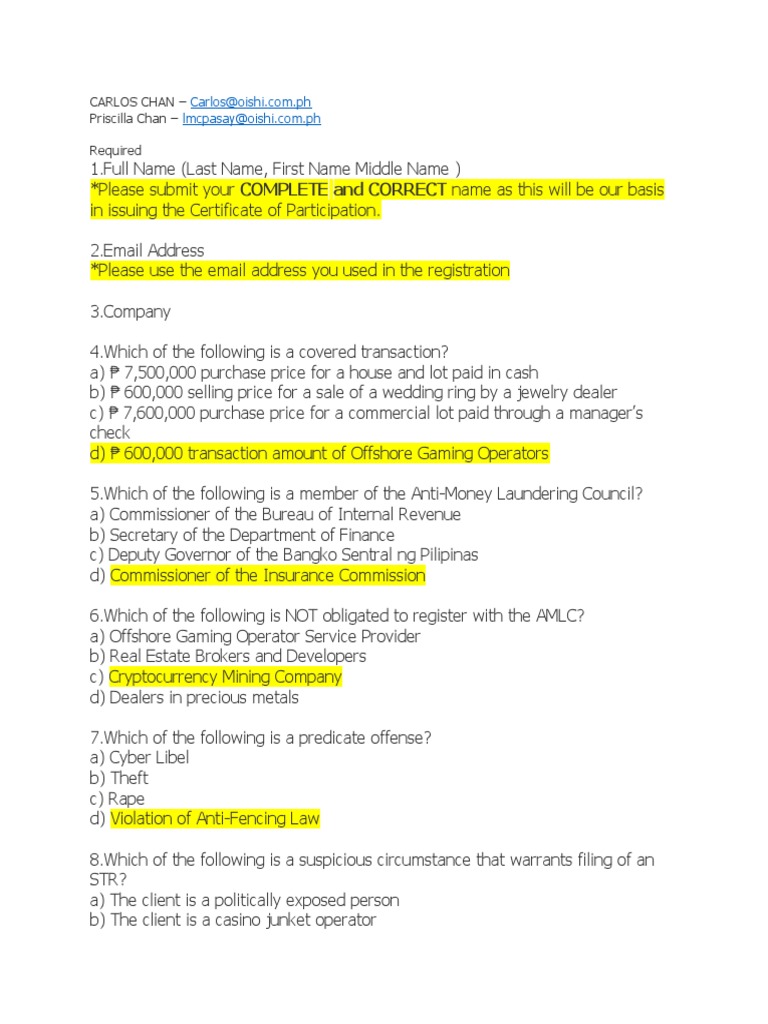 AMLC Webinar Questions | PDF | Money Laundering | Justice