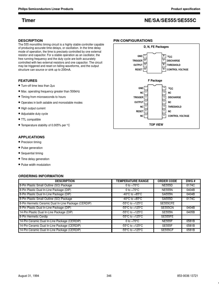 NE/SA/SE555/SE555C Timer: Description Pin Configurations | PDF ...