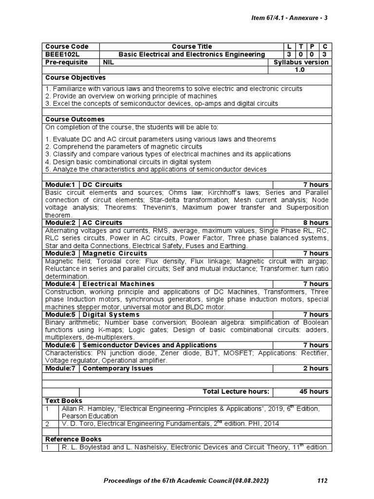 Beee102l - Basic-Electrical-And-Electronics-Engineering - TH - 1.0 - 73 - Beee102l - 67 Acp ...
