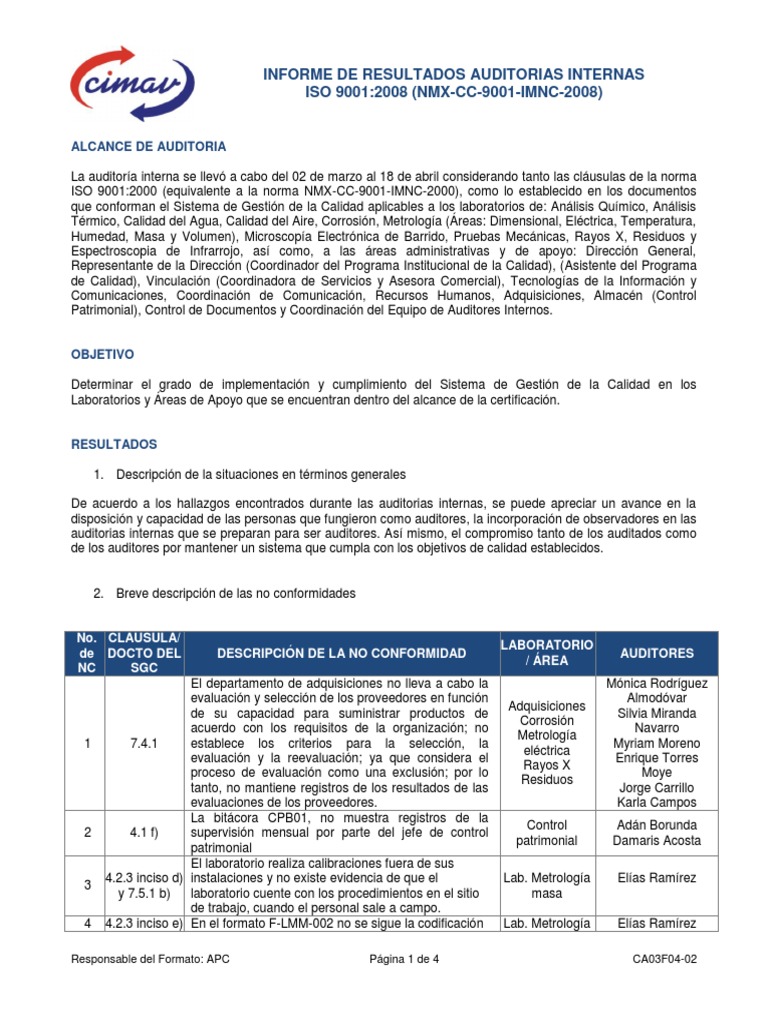 Informe Resultados de Auditoria Interna Basada en ISO 9001 | Descargar ...