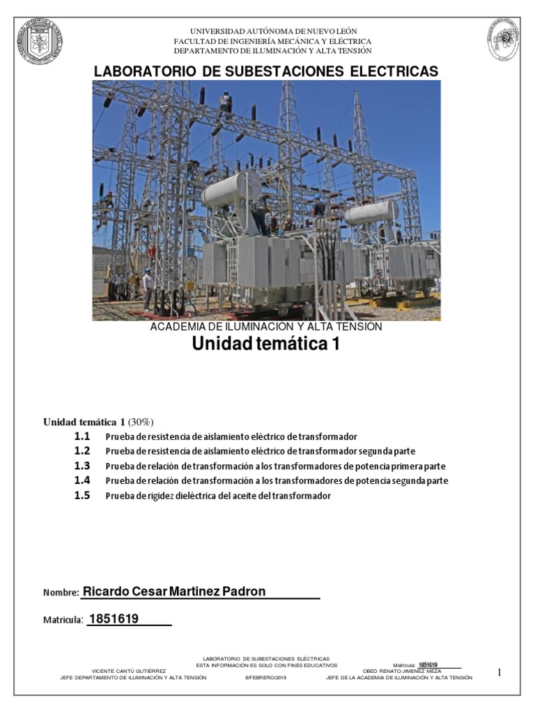 UT1 Sub - Electricas 1851619 Ricardo MTZ | PDF | Transformador | Aislador (Electricidad)