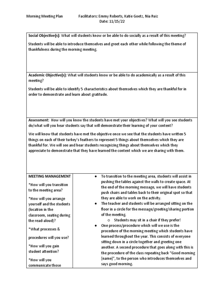 Morning Meeting Planning Template 1 | PDF | Cognition | Learning