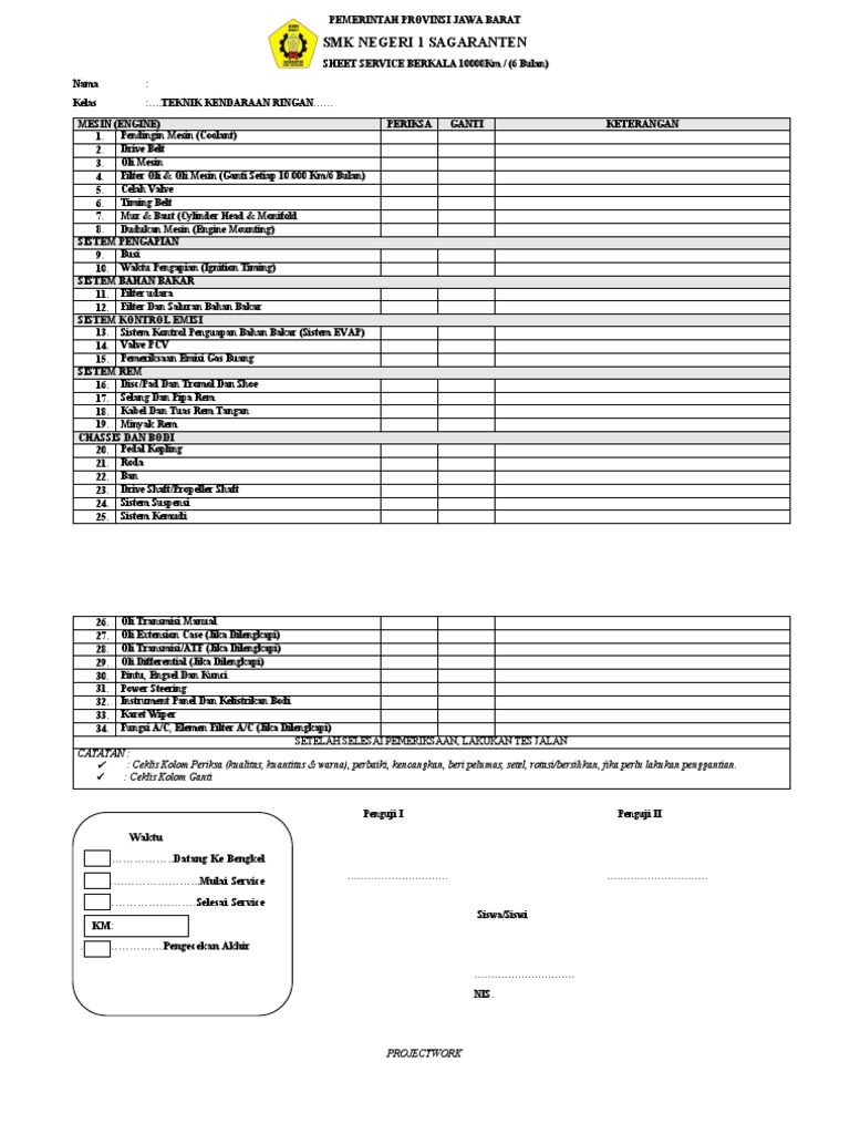 JOB SHEET SERVICE BERKALA 10000Km | PDF