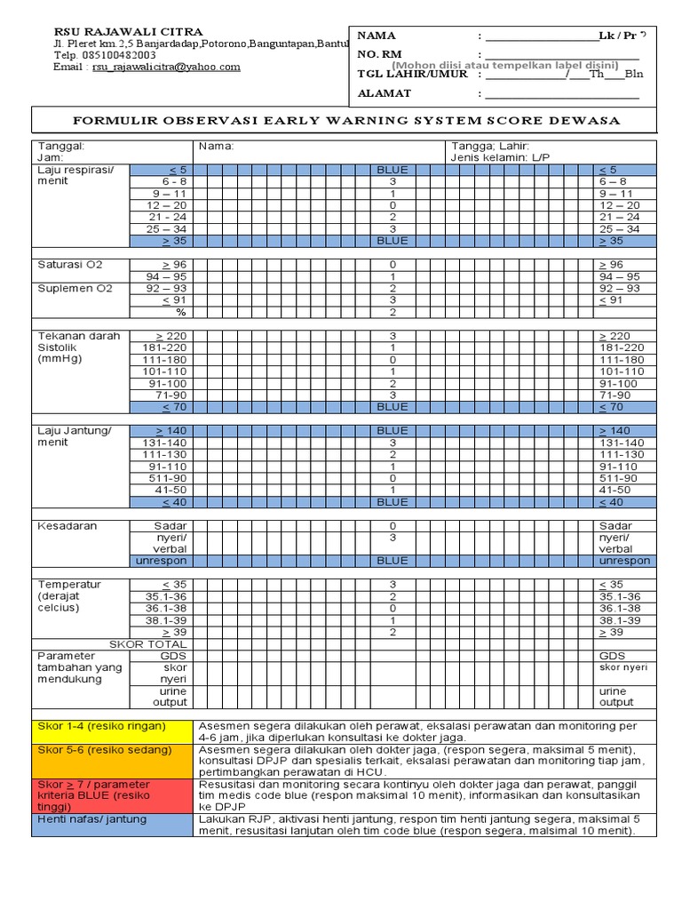 Lembar Skoring EWS (Early Warning System) Dewasa | PDF