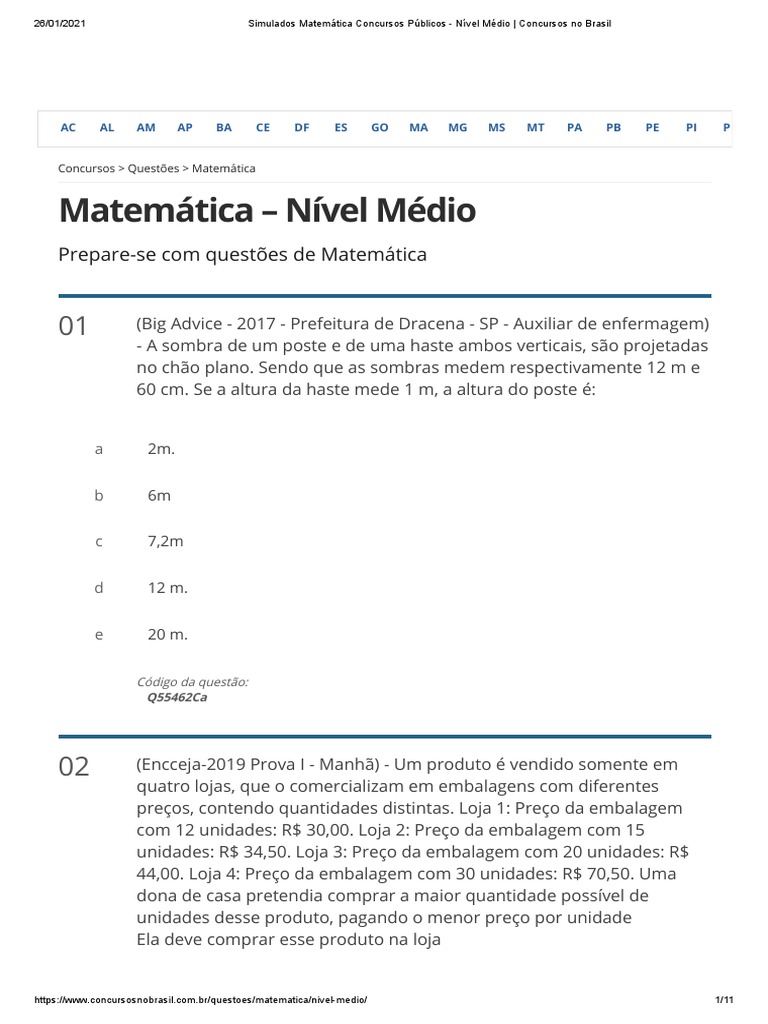 Simulados Matemática Concursos Públicos - Nível Médio - Concursos No ...