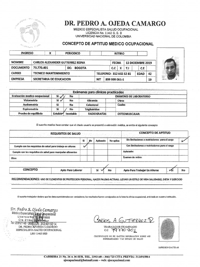 Examen Medico Pre Ocupacional Con Enfasis en Optometria y Osteomuscular ...