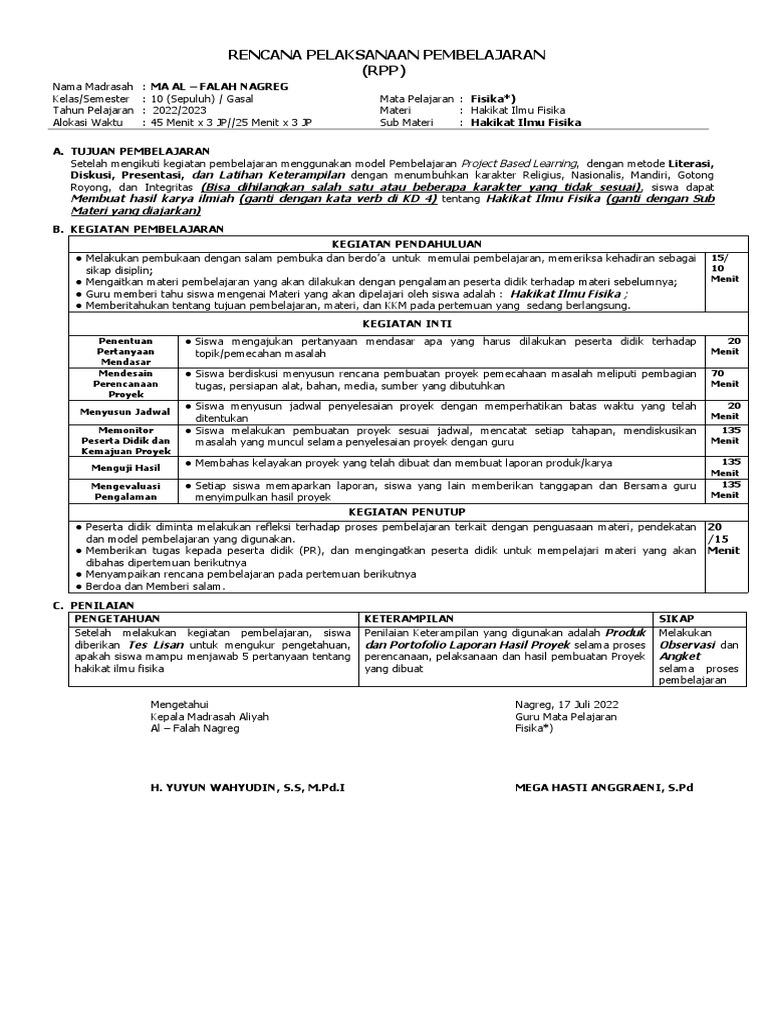 Master RPP Model Project Based Learning NEW VERSION | PDF