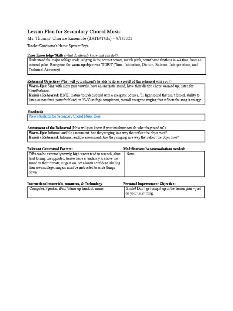 Secondary Choral Music Lesson Plan | PDF | Singing | Sound