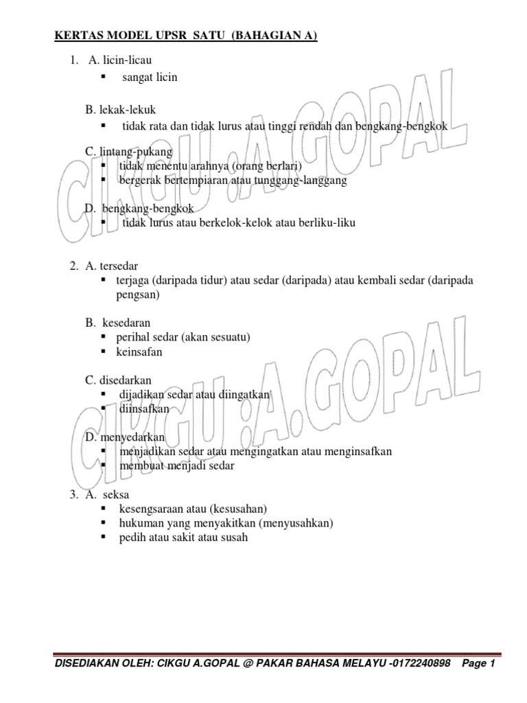 Kertas Model Upsr Bahagian A | PDF
