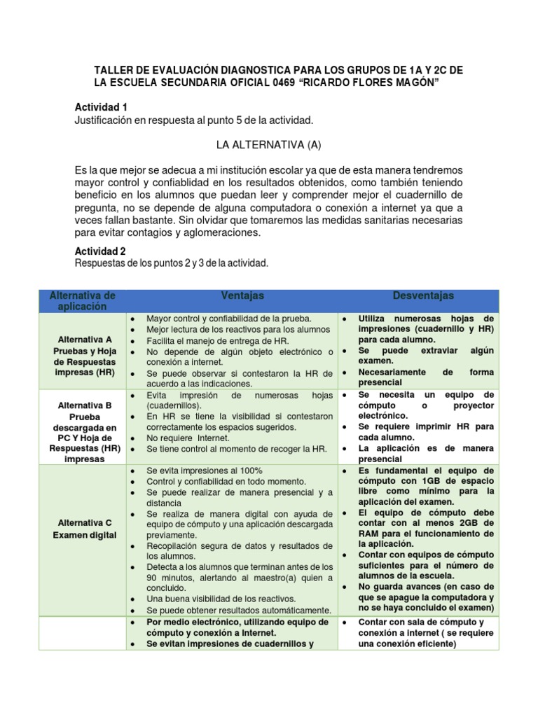 Actividades Del Taller de Evaluacion Diagnostica 1A y 2C | PDF | Prueba ...