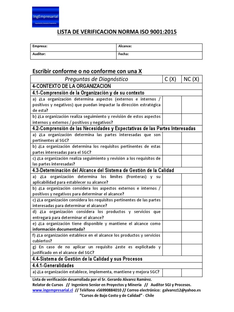 Lista Verificación ISO 9001:2015 | PDF | Calidad (comercial) | Auditoría