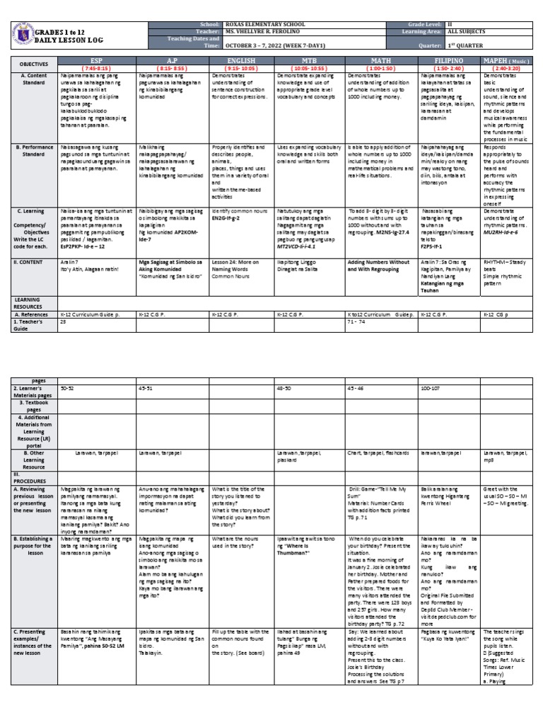 Grade 2 Daily Lesson Log: Week 7 | PDF | Learning | Cognitive Science