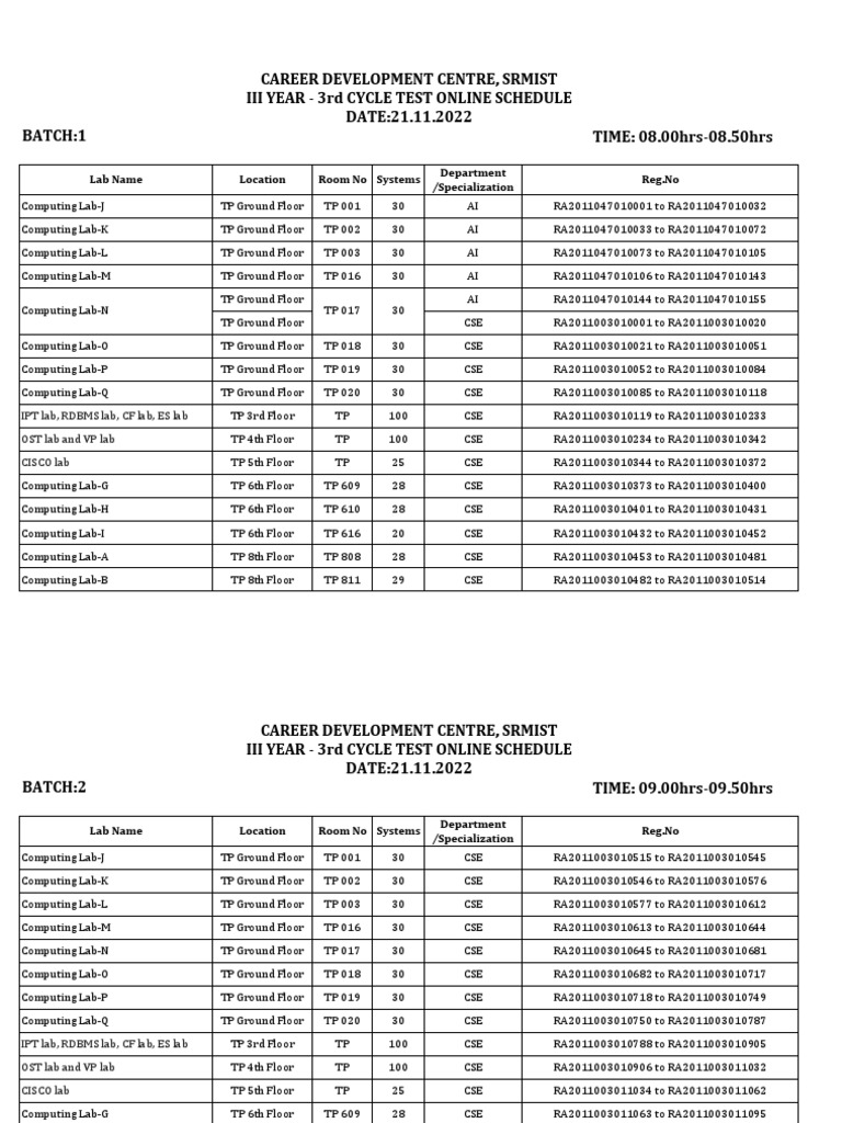 III Year-E Slot-3rd Cycle Test Schedule | PDF