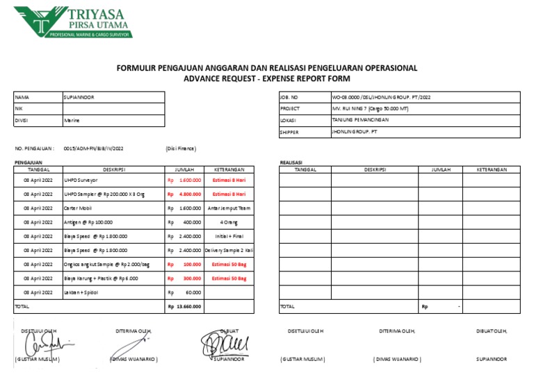 Formulir Pengajuan Anggaran Operasional Marine | PDF