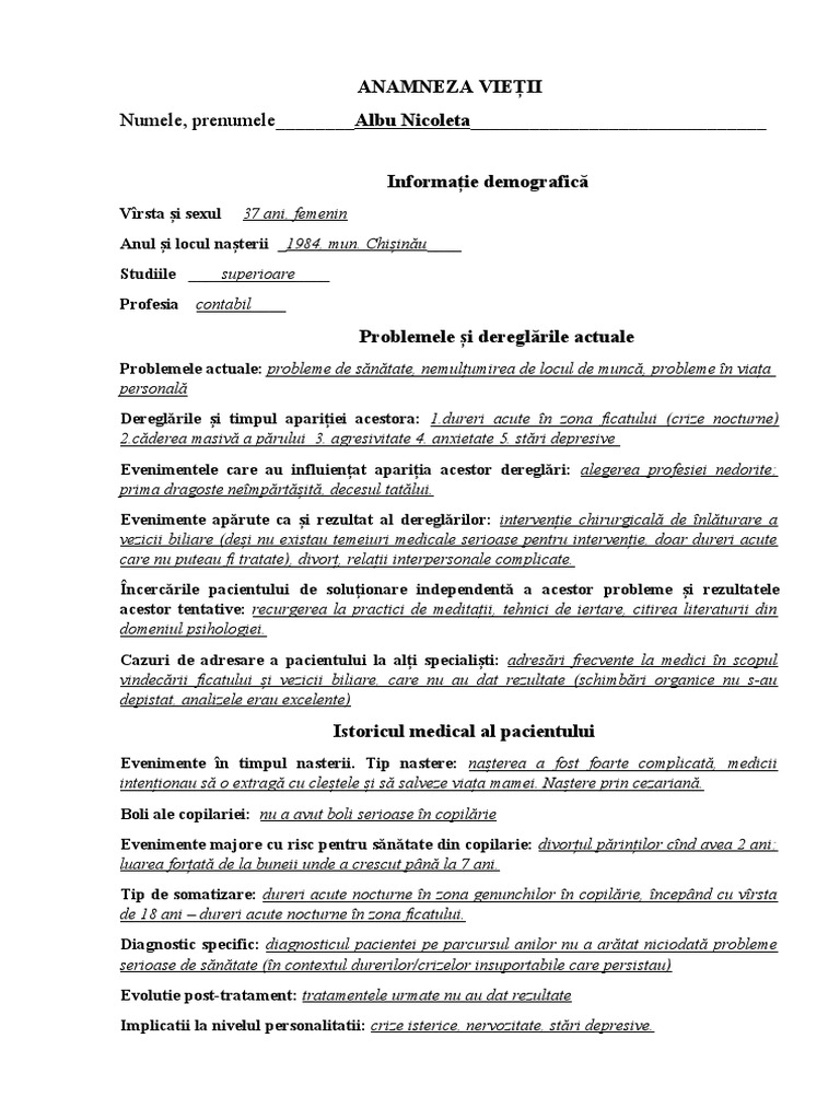 Anamneza Pacientului Psihosomatic - Lucrare. Țarălungă Constantin ...