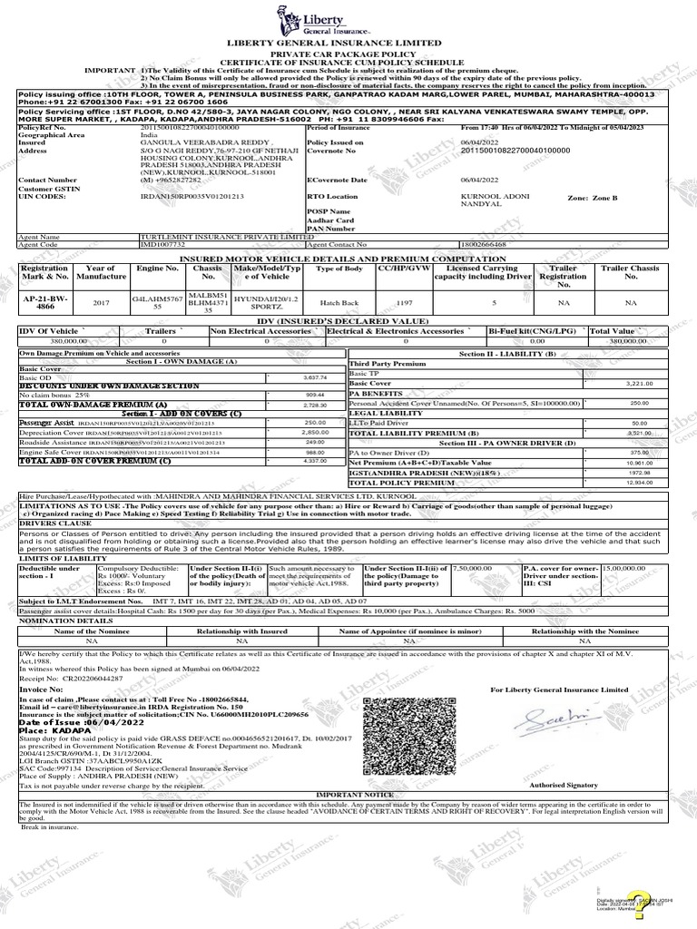 Liberty General Insurance Limited: Insured Motor Vehicle Details and ...